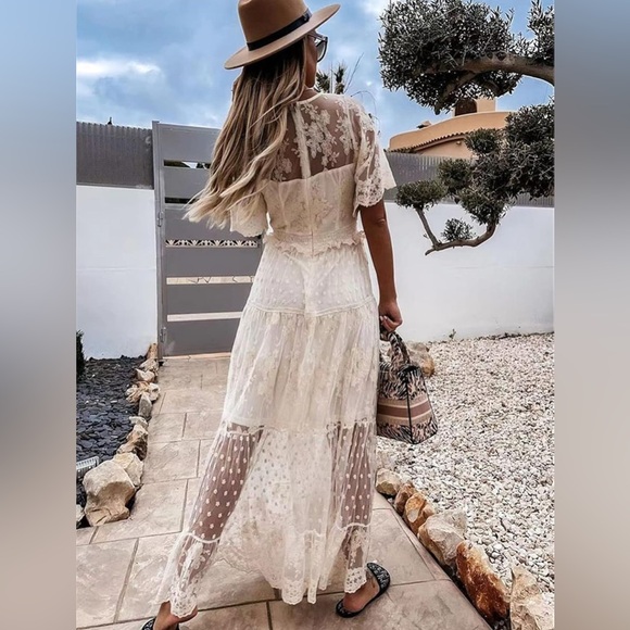 Botique | Dresses | Boho Womens White Sheer Lace Detail Maxi Dress ...
